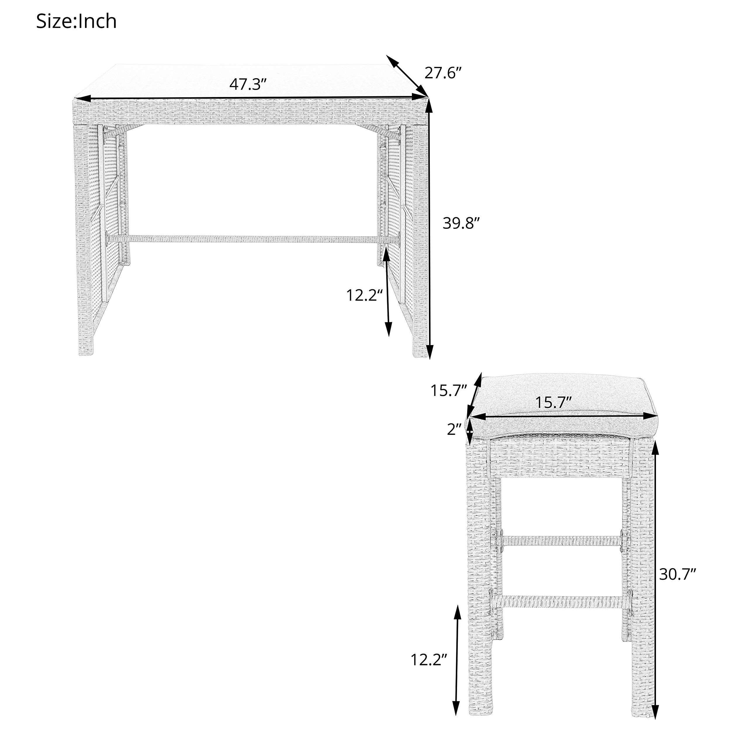 OPTOUGH 5-Piece Rattan Outdoor Patio Furniture Set Bar Dining Table with 4 Stools, Cushion+Gray Wicker