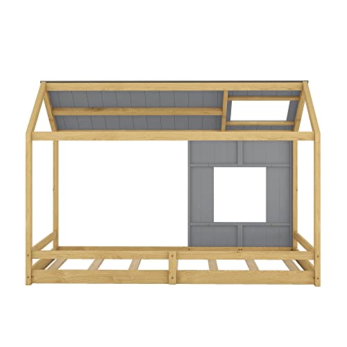 TARTOP Twin Size Floor Bed with Rails, House Bed with Roof, Window, Solid Wood Platform Bed Frame with Slats,Twin Bed Frame for Kids Teens Girls Boys,No Box Spring Needed,Gray+Natural