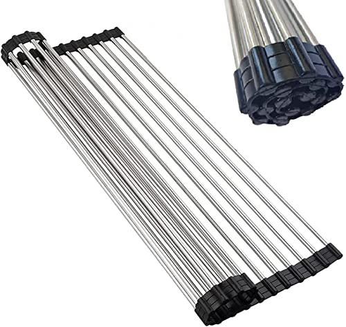 Roll up Dish Drying Rack Over The Sink Dish Drying Rack Portable Stainless Still Rolling Rack Folding Dish Drainer Sink Rack Mat Dish Drying Rack for Kitchen Sink Counter (17.8''LX11.2''W, Black)