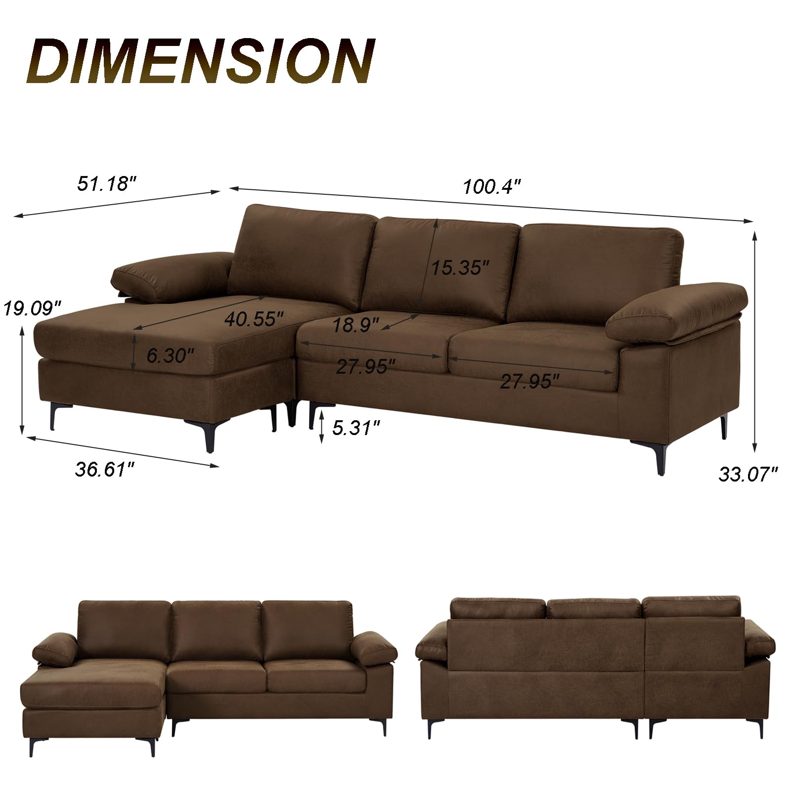 100.8" Sectional Sofa,Faux Leather Couch with Reversible Chaise,Mid-Century L Shaped Sofa Couch for Living Room, Apartment,Office (Dark Brown, Loveseat)