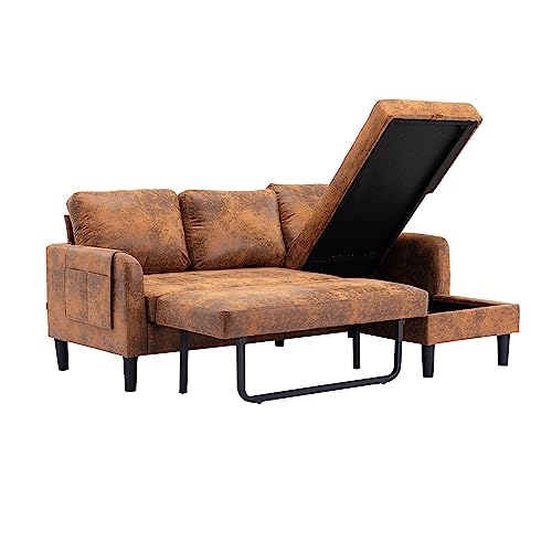 Eafurn L-Shaped Sectional w/Pull Out Bed & Storage Space,Comfy Sleeper Chaise, 3-seat Upholstered Convertible Corner Sofa & Couches, Suitable for Living Room, Coffee