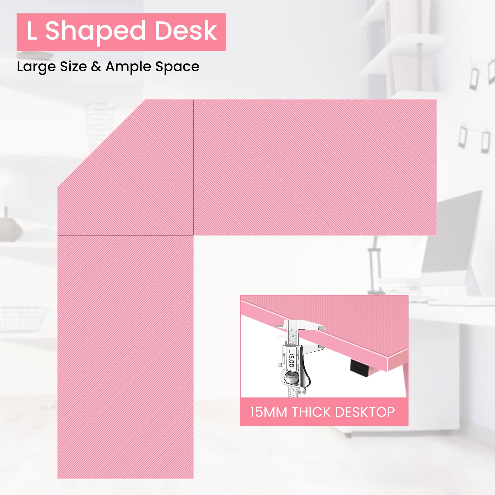 BLKMTY L Shaped Desk PC Gaming Desk Computer Desk with Monitor Stand Large Desktop Studying Executive Table Corner Desk Office Computer Table for Home Office Sturdy Writing Workstation, Pink