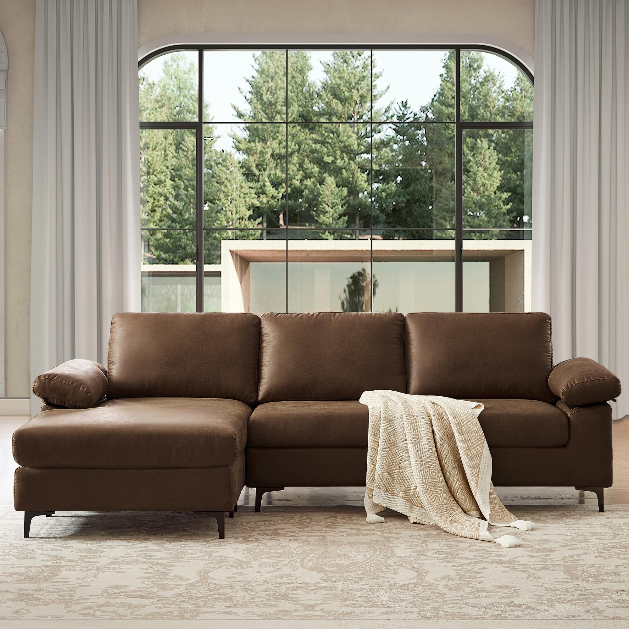 100.8" Sectional Sofa,Faux Leather Couch with Reversible Chaise,Mid-Century L Shaped Sofa Couch for Living Room, Apartment,Office (Dark Brown, Loveseat)