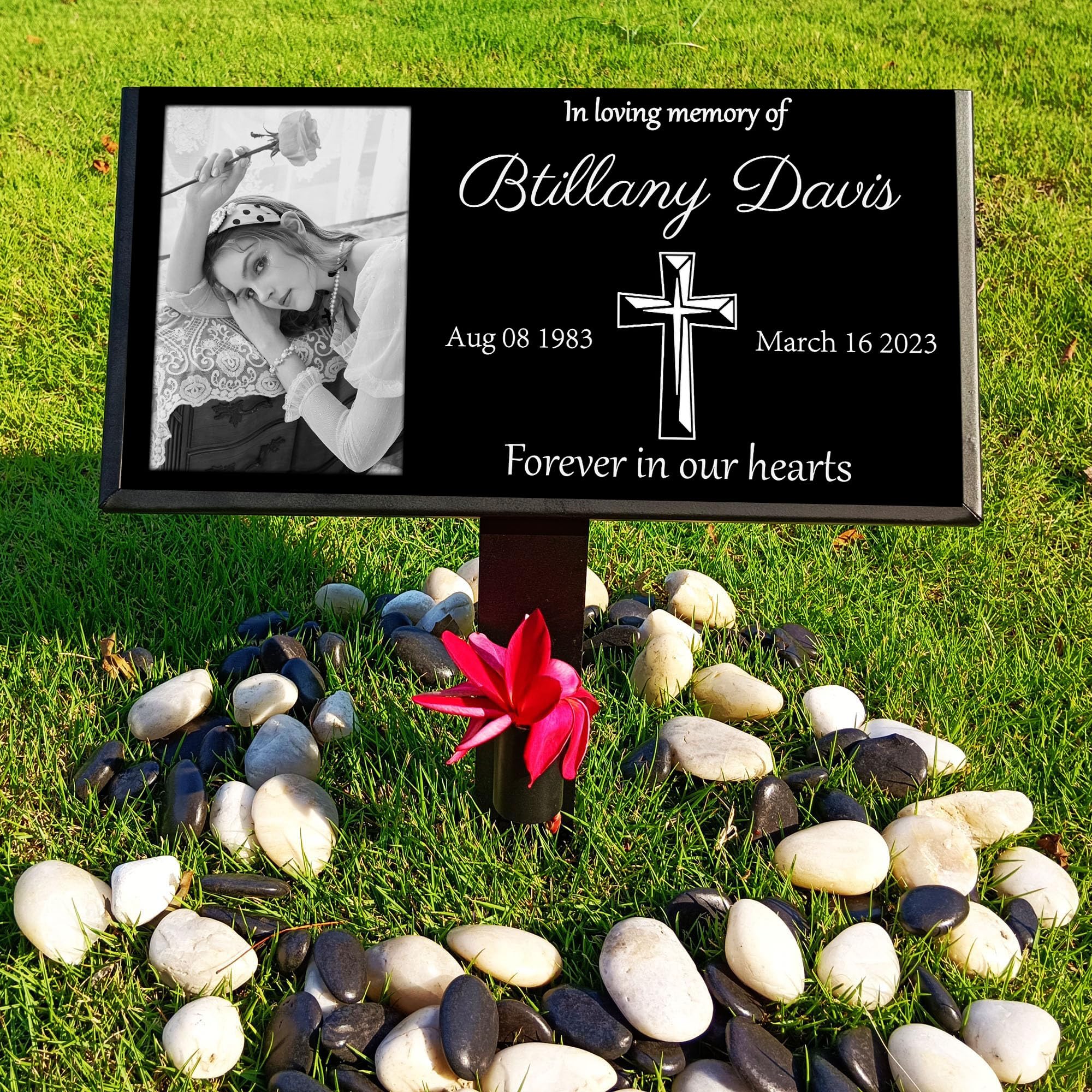 Personalized Headstone with Photo, Memorial Stone, Headstones for Graves, Grave Markers, Black Granite Garden Stone, Memorial Plaques for Outdoor, Grave Decoration for Cemetery (Picture left)
