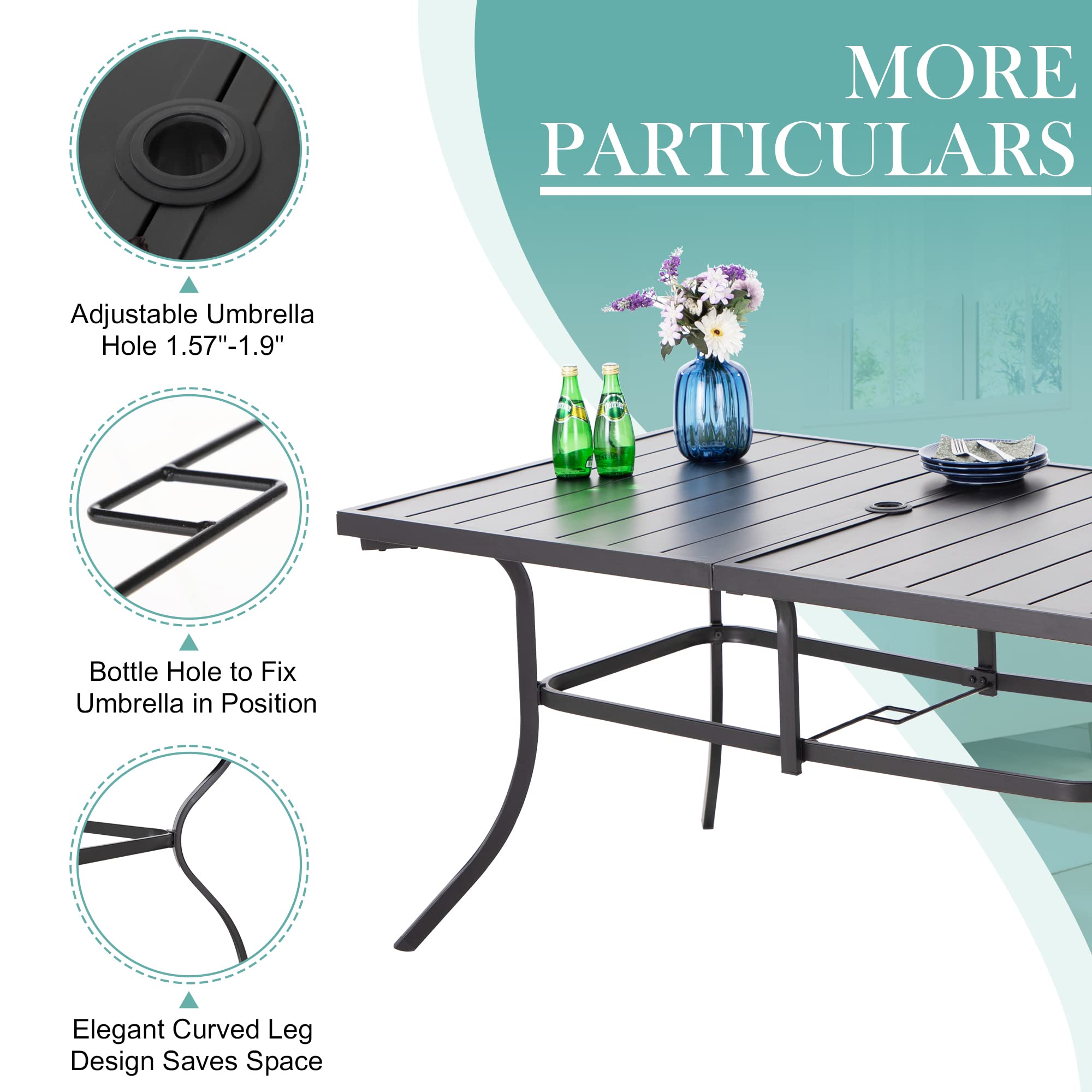 MFSTUDIO 7 Piece Outdoor Patio Dining Set, 6 Spring Motion Cushion Chairs, 1 Rectangular Table with 1.57"-1.9" Adjustable Umbrella Hole, Metal Furniture Sets for Garden, Red