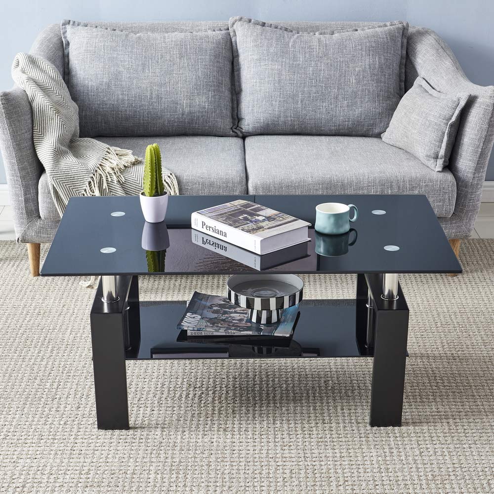 BCGUANG Rectangular Glass Dining Table,2-Tier Kitchen Table with Storage and Stainless Steel Legs, Coffee Table Set for Dinner Room (Black)