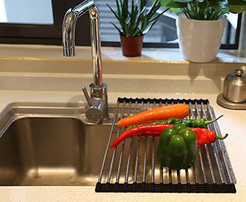 Roll up Dish Drying Rack Over The Sink Dish Drying Rack Portable Stainless Still Rolling Rack Folding Dish Drainer Sink Rack Mat Dish Drying Rack for Kitchen Sink Counter (17.8''LX11.2''W, Black)