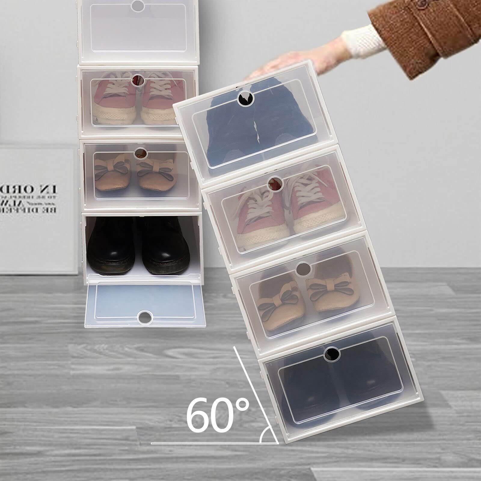 LUGBING 20 Pack Foldable Shoe Boxs, Clear Plastic Shoe Organizer for Closet, Space Saving Stackable Shoe Rack for Entryway, Drop Front, Under Bed