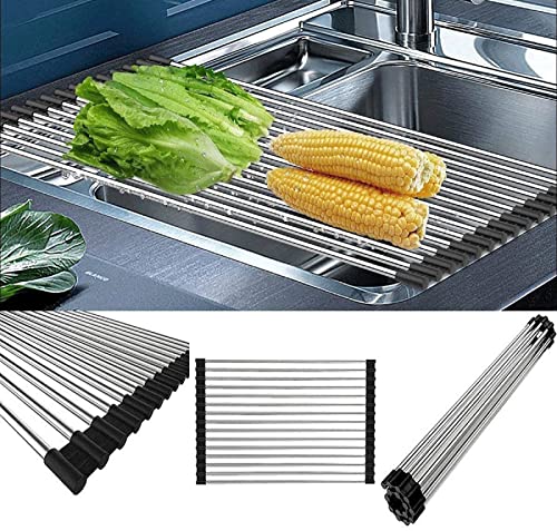 Roll up Dish Drying Rack Over The Sink Dish Drying Rack Portable Stainless Still Rolling Rack Folding Dish Drainer Sink Rack Mat Dish Drying Rack for Kitchen Sink Counter (17.8''LX11.2''W, Black)