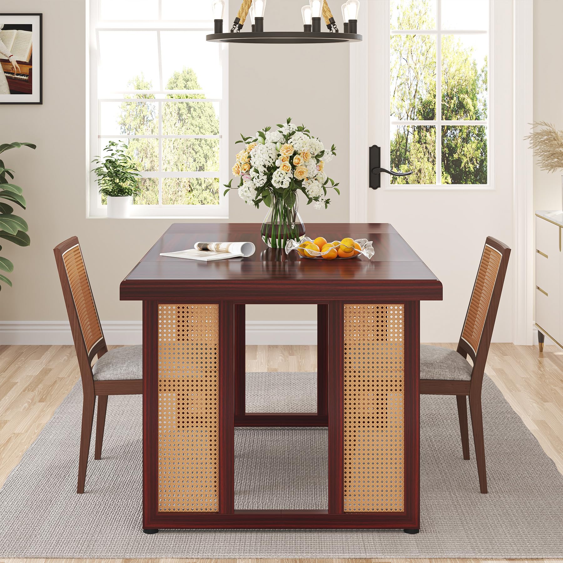 Tribesigns 70.87 Inch Dining Table for 6-8, Rectangular Kitchen Table, Rustic Dining Room Table with Rattan Frame, Large Dinner Table for Dining Room, Kitchen, Deep Walnut