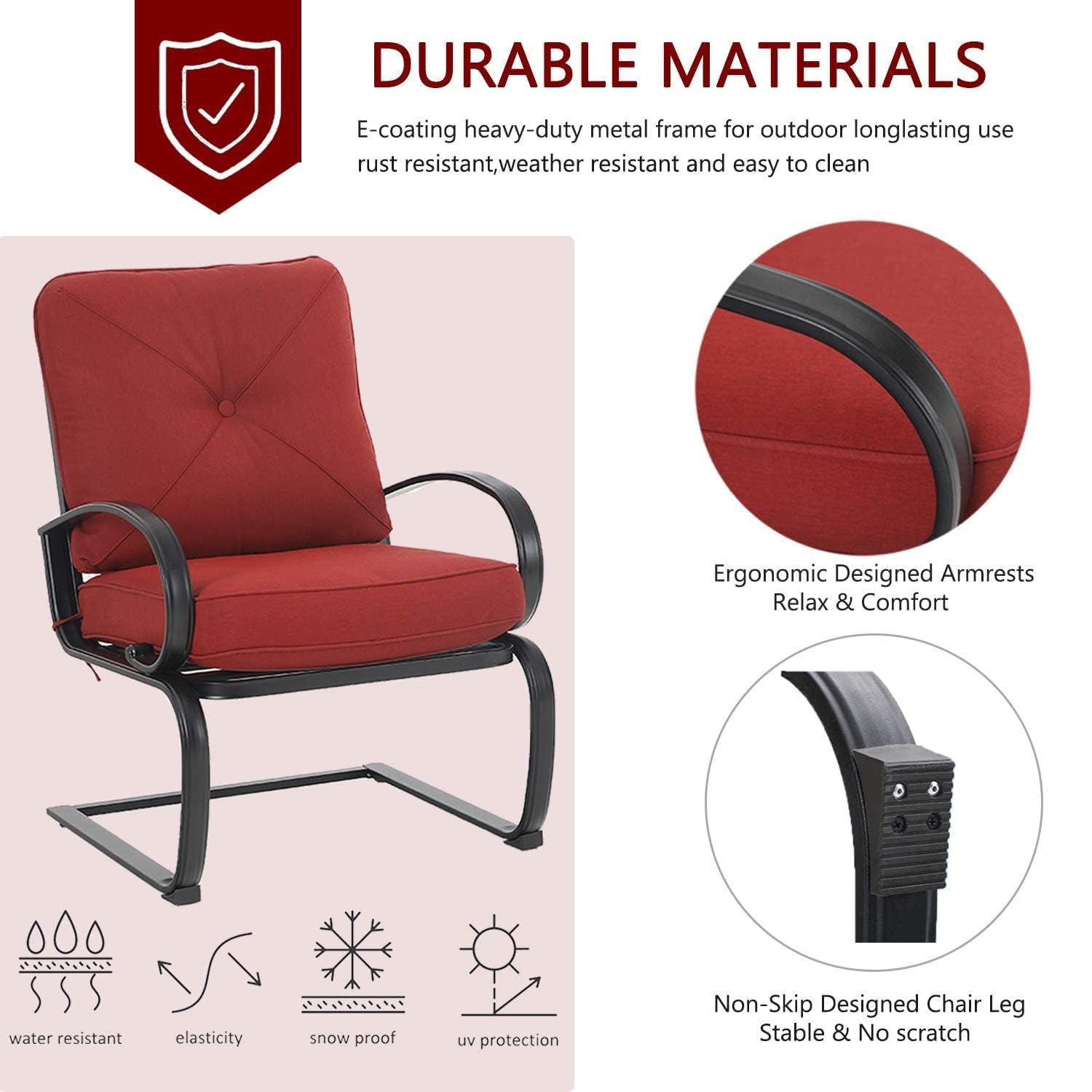 MFSTUDIO 7 Piece Outdoor Patio Dining Set, 6 Spring Motion Cushion Chairs, 1 Rectangular Table with 1.57"-1.9" Adjustable Umbrella Hole, Metal Furniture Sets for Garden, Red