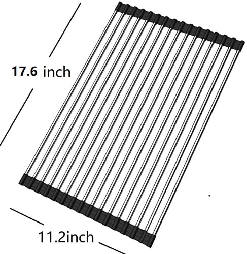 Roll up Dish Drying Rack Over The Sink Dish Drying Rack Portable Stainless Still Rolling Rack Folding Dish Drainer Sink Rack Mat Dish Drying Rack for Kitchen Sink Counter (17.8''LX11.2''W, Black)