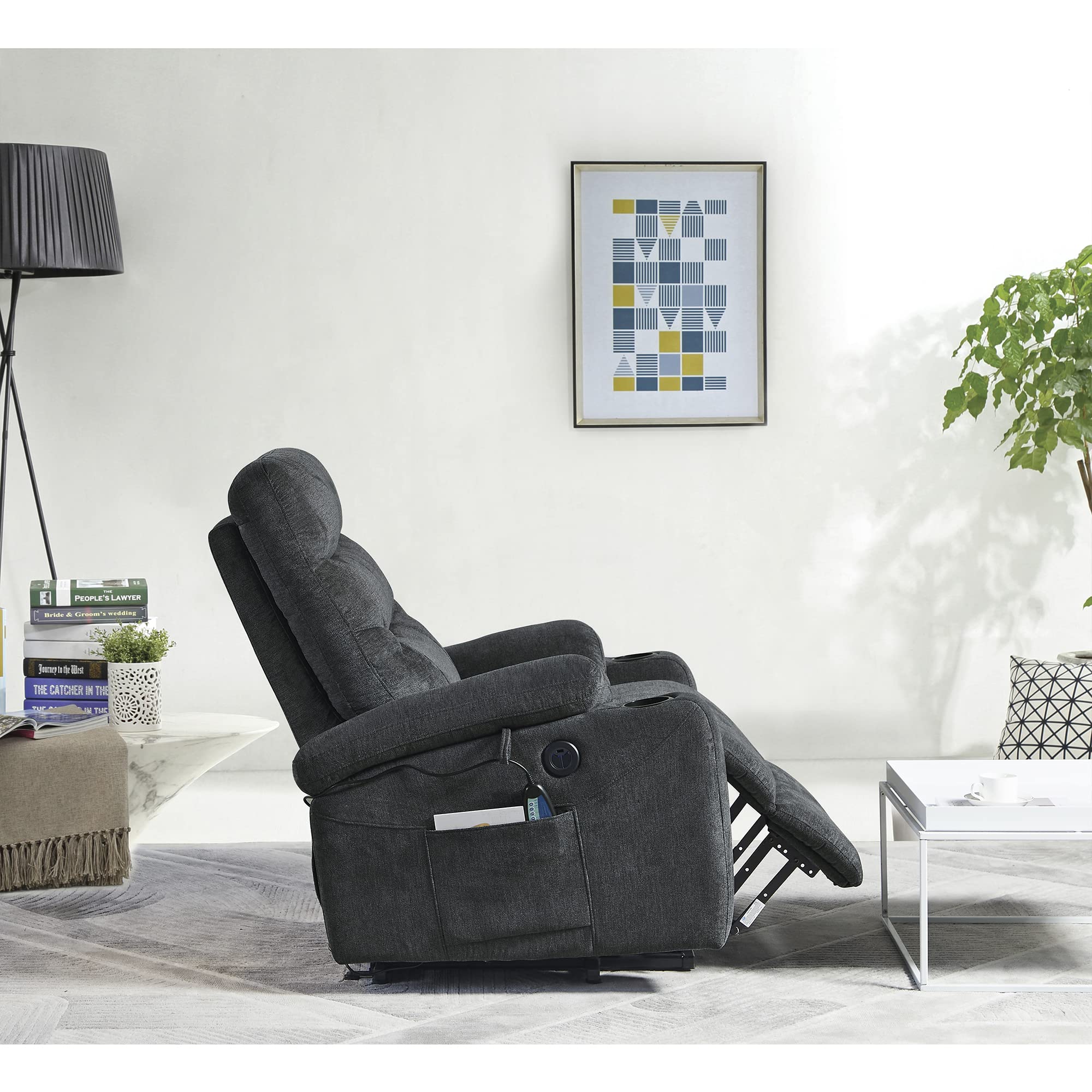 POCIYIHOME 35.5" Electric Power Lift Recliner Chair Sofa with 8 Vibrating Massage 1 Lumbar Heating Point for Elderly, 2 Side Pockets, Cup Holders, USB Ports, High-Tech Seat for Home, Dark Gray