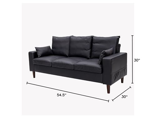 Panana Couch 3 Seater Loveseat Sofa with Storage Pockets for Living Room, Upholstered Faux Leather Sofa with 2 Pillows, Cushion Back Sofa for Bedroom, Home Office, Apartment