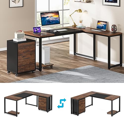 Tribesigns 63" L-Shaped Computer Desk with Mobile File Cabinet, Large Executive Office Desk with 3-Drawer Vertical Filing Cabinet, Business Furniture Sets for Home Office