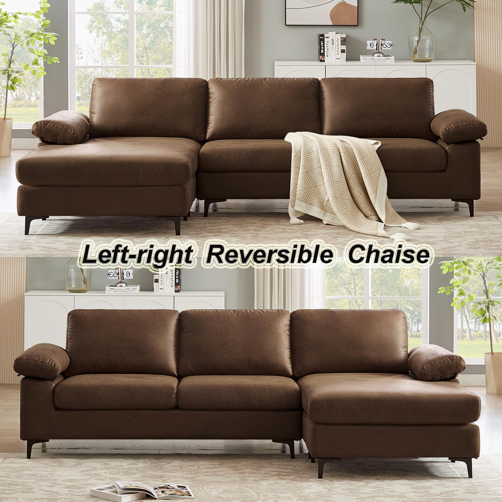 100.8" Sectional Sofa,Faux Leather Couch with Reversible Chaise,Mid-Century L Shaped Sofa Couch for Living Room, Apartment,Office (Dark Brown, Loveseat)