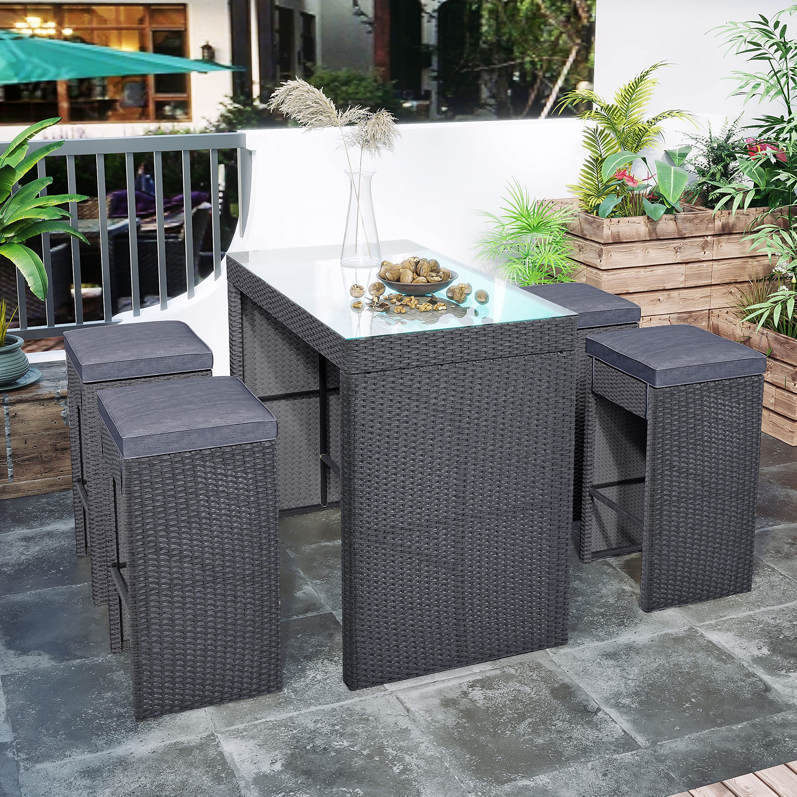 OPTOUGH 5-Piece Rattan Outdoor Patio Furniture Set Bar Dining Table with 4 Stools, Cushion+Gray Wicker