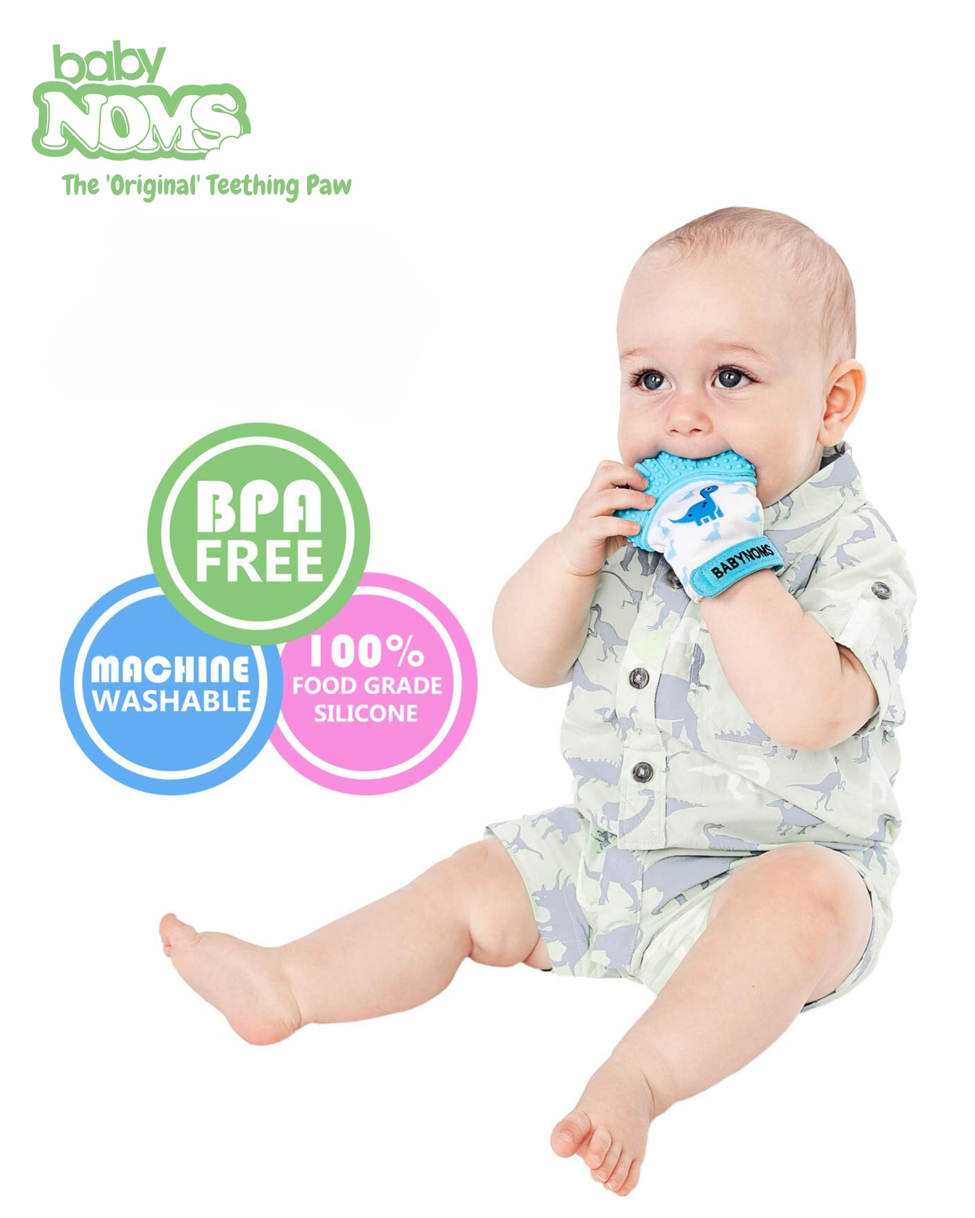 BabyNoms ® Teething Mitten 2-Pack Bundle | Dino Blue & Tiger Orange Teether Paws