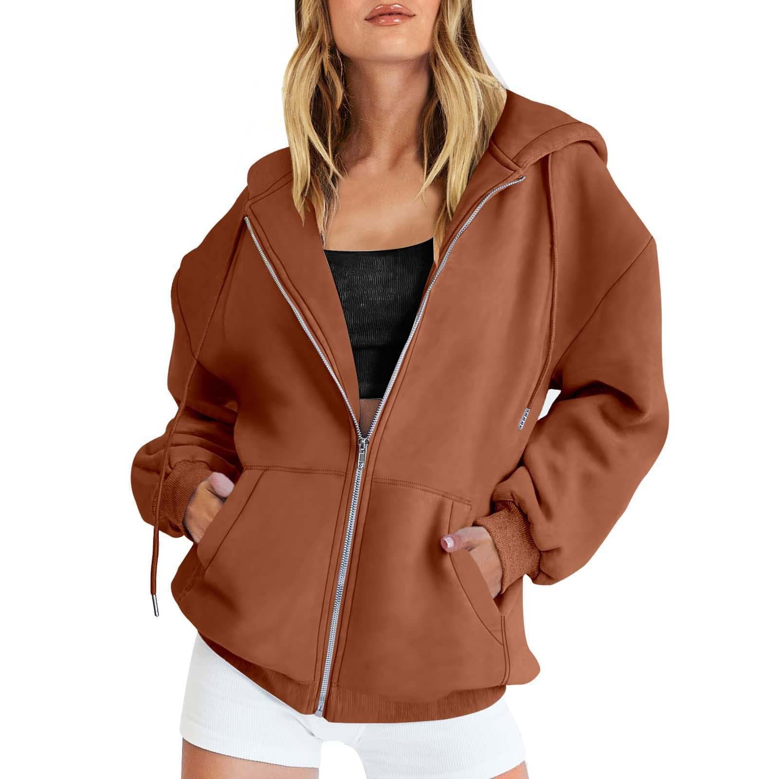SHAOBGE Fall Sweatshirts for Women Zip Up Hoodies Oversized Sweatshirt Y2K Clothing Casual Drawstring (New1-Coffee, S)
