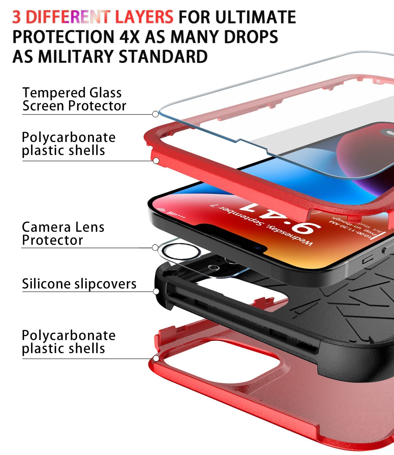 Diverbox for iPhone 14 Case [Shockproof] [Dropproof] [Tempered Glass Screen + Camera Lens Protector],Heavy Duty Protection Phone Case Cover for Apple iPhone 14 (Red)