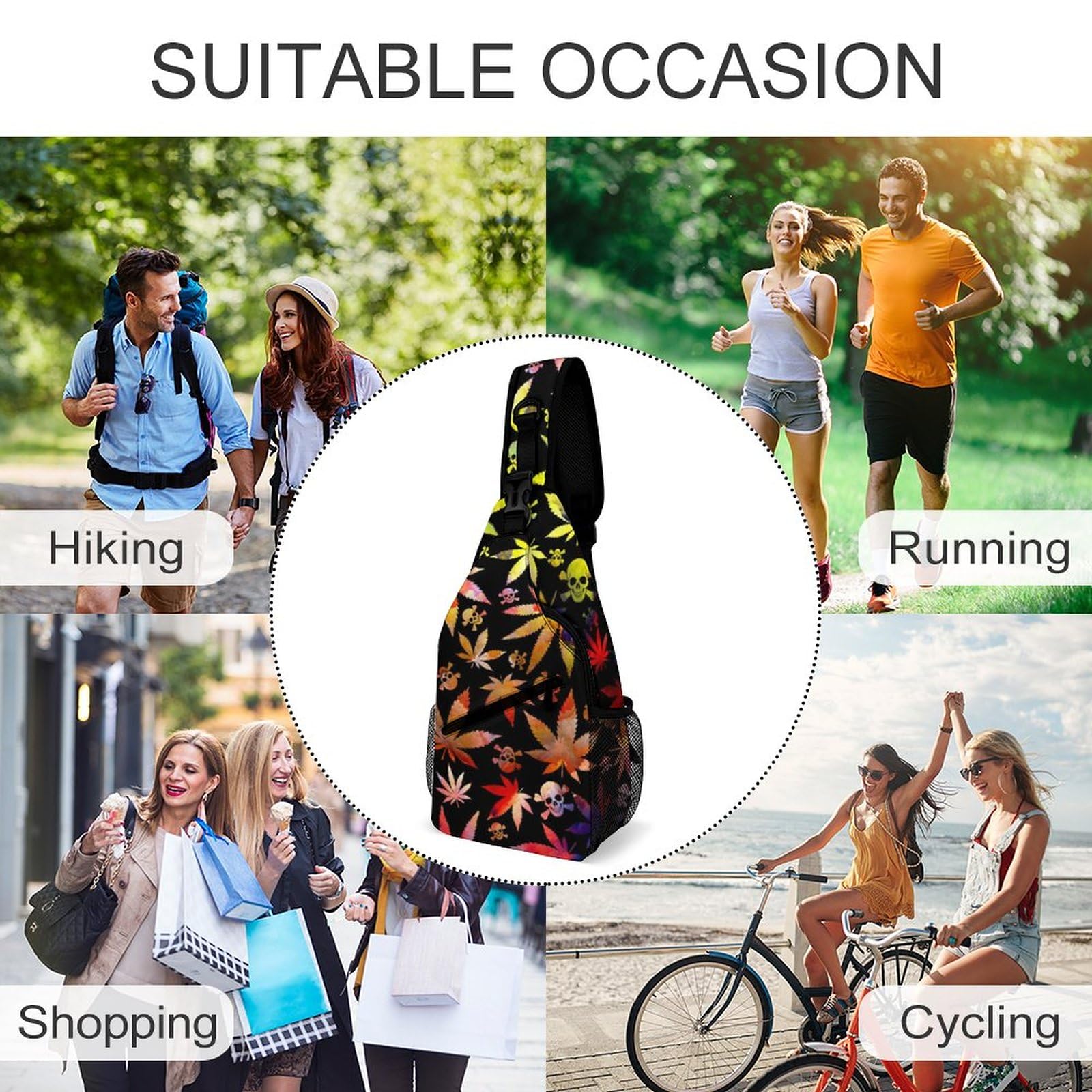 Lightweight Chest Shoulder Backpack For Travel Hiking Sling Bag Cross Body Personal Pocket Bag Compatible with Trippy Colorful Cannabis Marijuana Weed Leaf Skull Crossbones Black