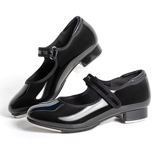 Easy Strap Tap Dance Shoes with PU Shiny Leather for Boys and Girls,US10-Little Kid Black