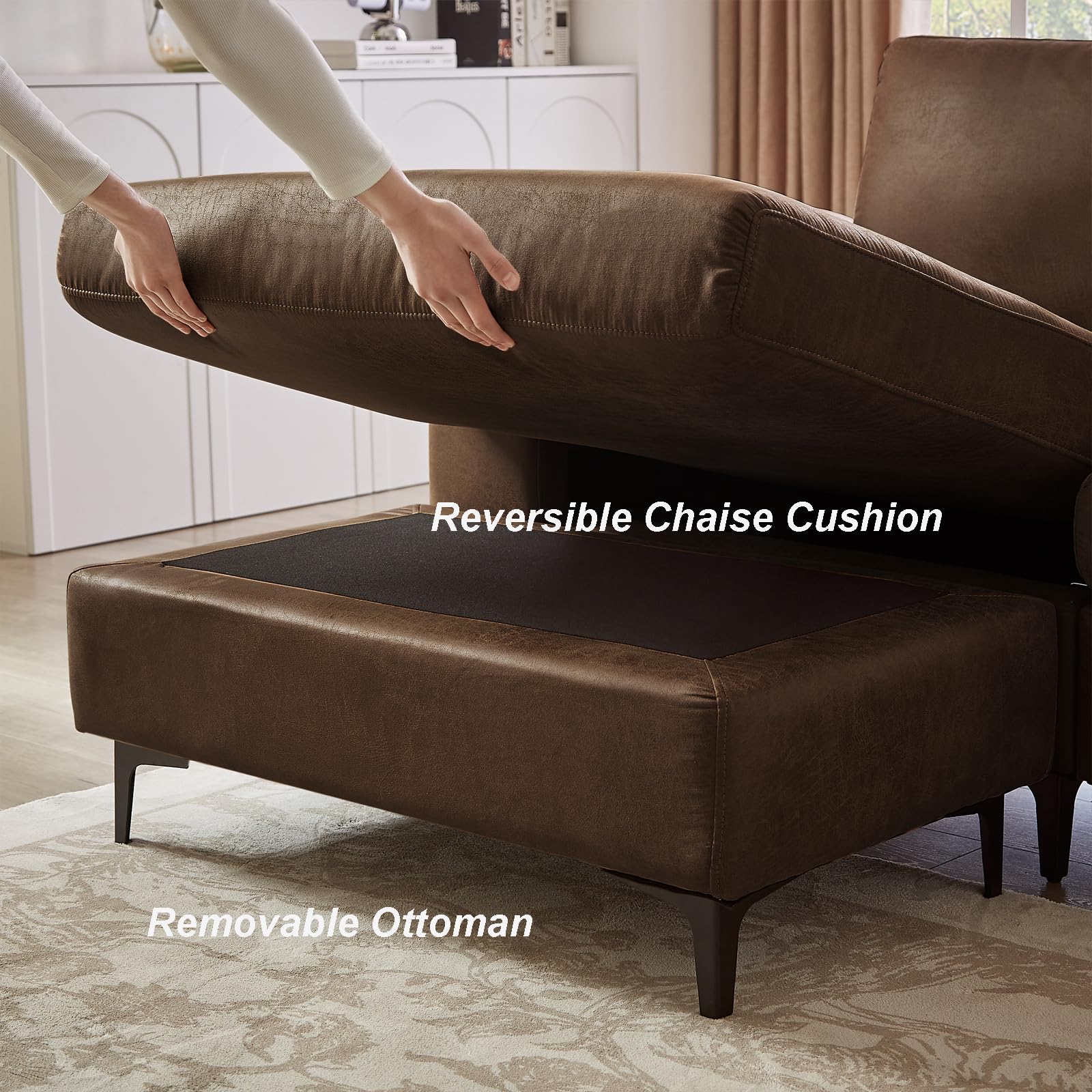 100.8" Sectional Sofa,Faux Leather Couch with Reversible Chaise,Mid-Century L Shaped Sofa Couch for Living Room, Apartment,Office (Dark Brown, Loveseat)