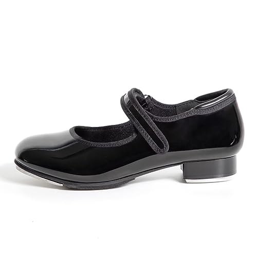 Easy Strap Tap Dance Shoes with PU Shiny Leather for Boys and Girls,US10-Little Kid Black