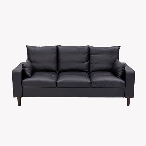 Panana Couch 3 Seater Loveseat Sofa with Storage Pockets for Living Room, Upholstered Faux Leather Sofa with 2 Pillows, Cushion Back Sofa for Bedroom, Home Office, Apartment