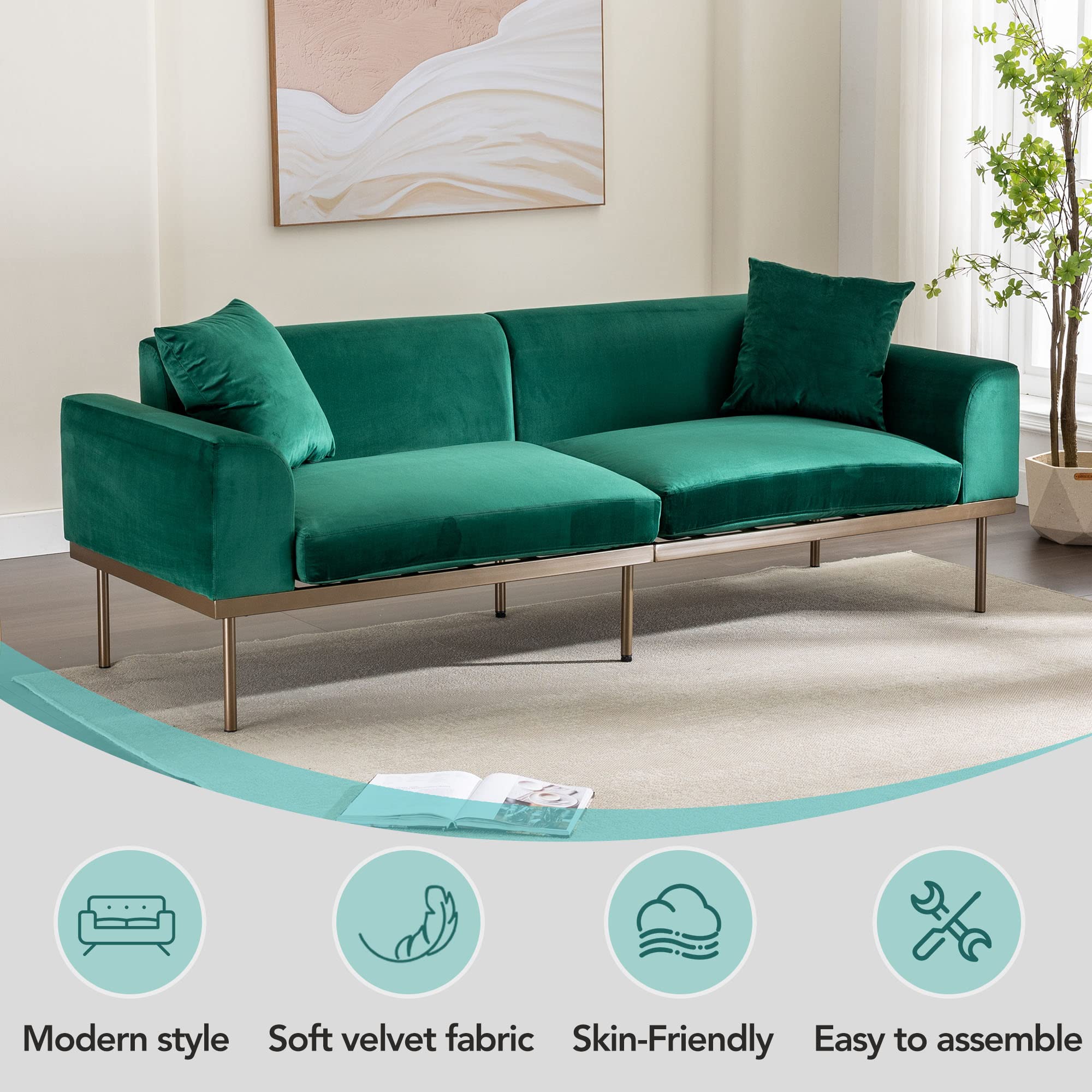 FIQHOME Upholstered Velvet, Modern Metal Legs,Loveseat Sofa Couch with Two Pillows for Living Room and Bedroom (Green)