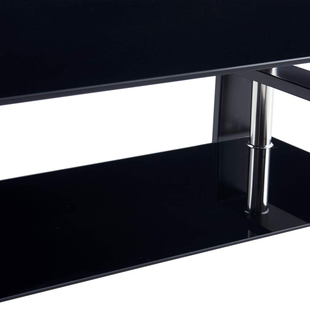 BCGUANG Rectangular Glass Dining Table,2-Tier Kitchen Table with Storage and Stainless Steel Legs, Coffee Table Set for Dinner Room (Black)