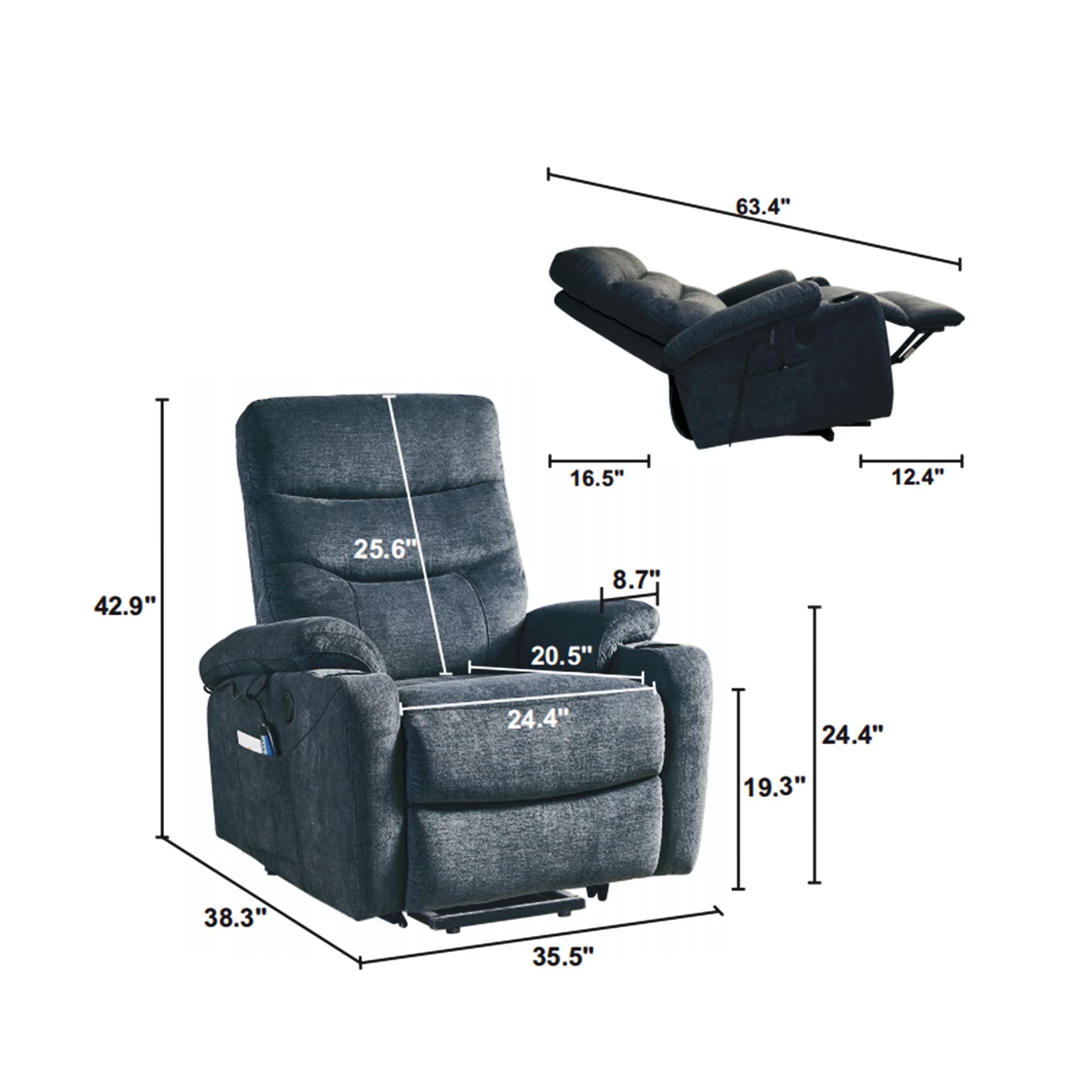 POCIYIHOME 35.5" Electric Power Lift Recliner Chair Sofa with 8 Vibrating Massage 1 Lumbar Heating Point for Elderly, 2 Side Pockets, Cup Holders, USB Ports, High-Tech Seat for Home, Dark Gray