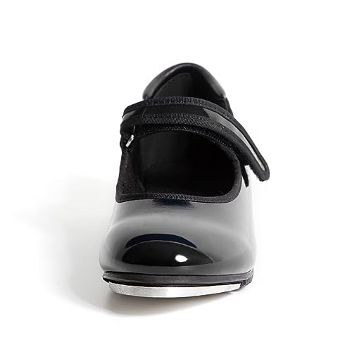 Easy Strap Tap Dance Shoes with PU Shiny Leather for Boys and Girls,US10-Little Kid Black