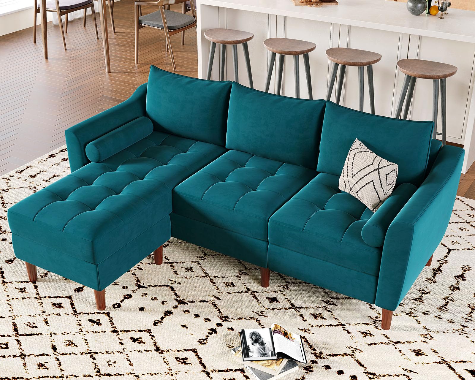 Belffin Reversible Sectional Sofa Couch Mid-Century Modern Velvet L Shaped Sofa 3-Seat Sofa Sectional with Reversible Chaise Foot Rest for Apartment and Small Space Peacock Blue