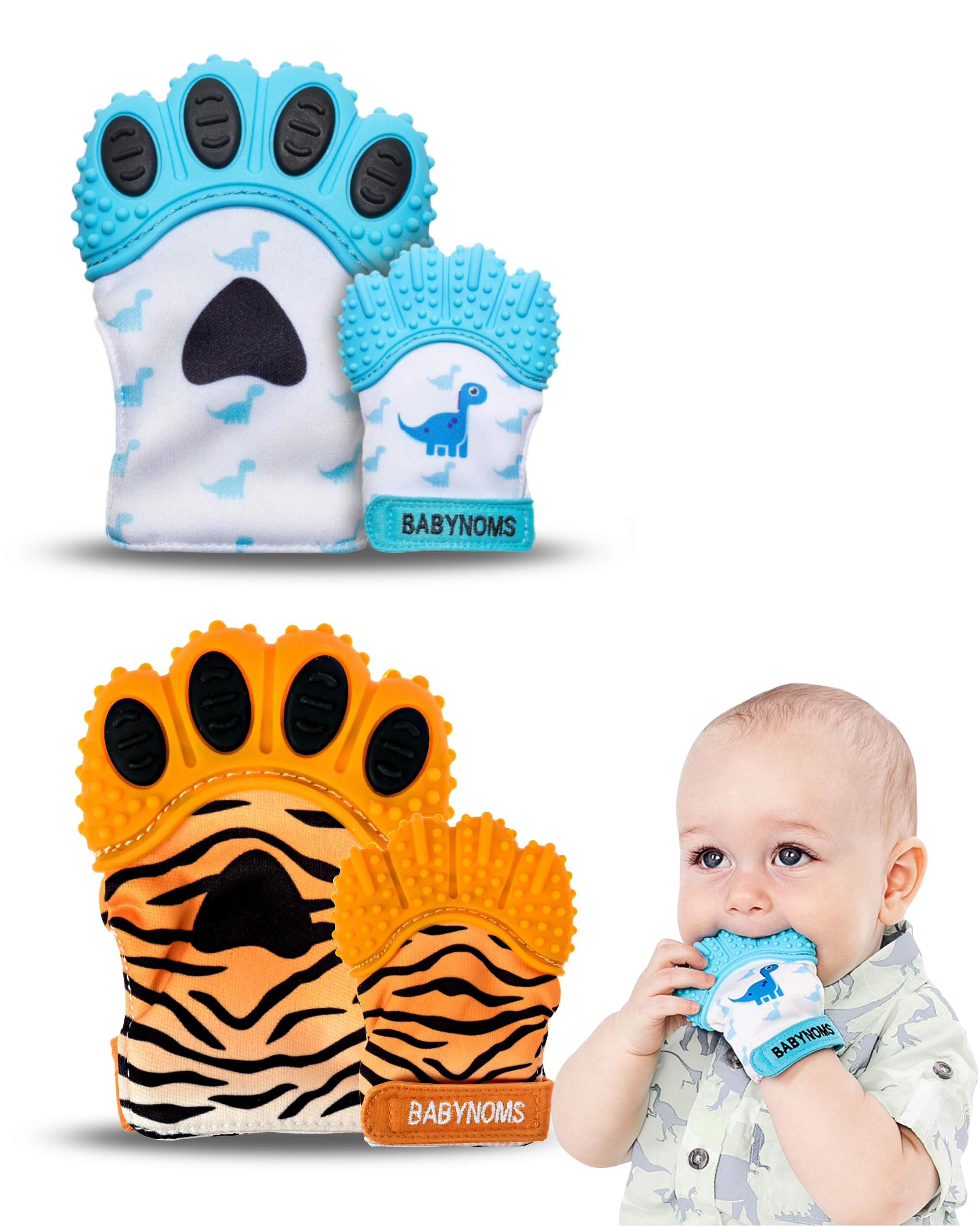 BabyNoms ® Teething Mitten 2-Pack Bundle | Dino Blue & Tiger Orange Teether Paws