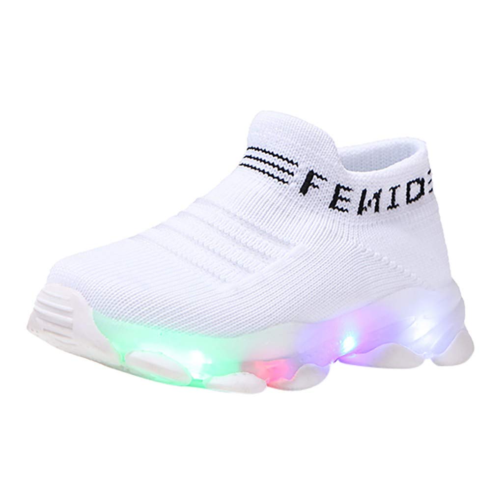 IWIHMIV Boys Luminous Shoes Kids Athletic Tennis Shoe Breathable Lightweight Slip on Sports Knit High-top Sport Shoes(a4-White,7