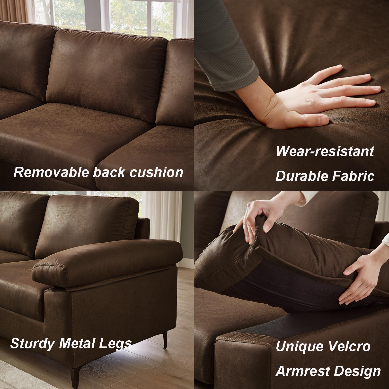 100.8" Sectional Sofa,Faux Leather Couch with Reversible Chaise,Mid-Century L Shaped Sofa Couch for Living Room, Apartment,Office (Dark Brown, Loveseat)