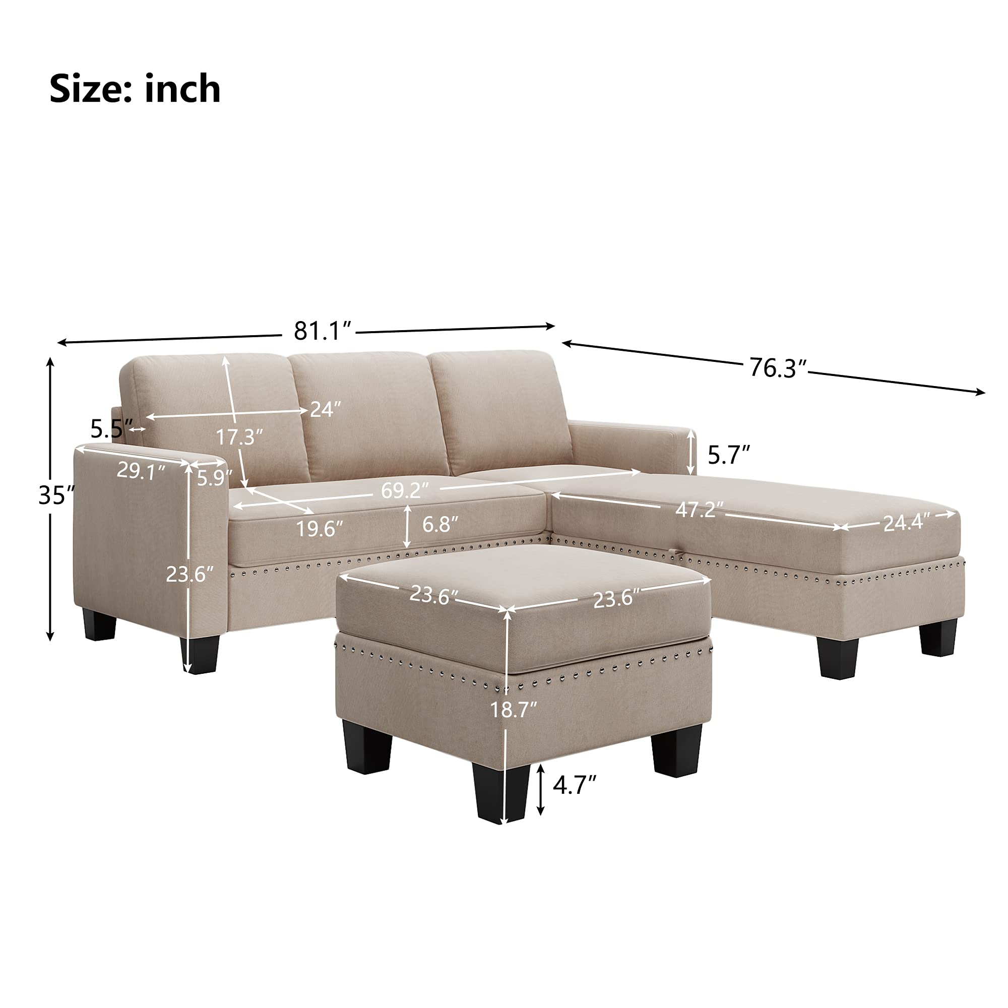 FIQHOME 81" Reversible, L-Shaped Couch with Storage Ottoman,Sectional Chaise,Nailheaded Textured Fabric 3 Pieces Sofa Set,Warm Grey