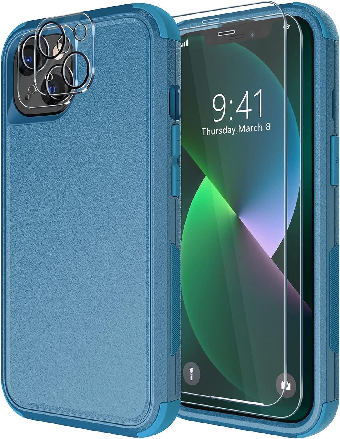 Diverbox for iPhone 13 Case [Shockproof] [Dropproof] [Tempered Glass Screen Protector + Camera Lens Protector],Heavy Duty Protection Phone Case Cover for Apple iPhone 13 (Blue)