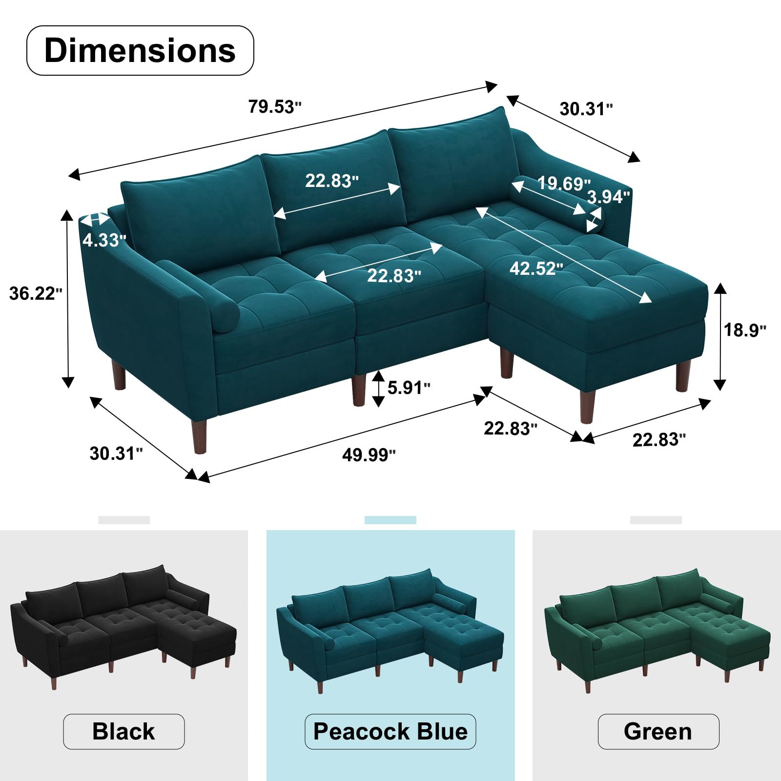 Belffin Reversible Sectional Sofa Couch Mid-Century Modern Velvet L Shaped Sofa 3-Seat Sofa Sectional with Reversible Chaise Foot Rest for Apartment and Small Space Peacock Blue