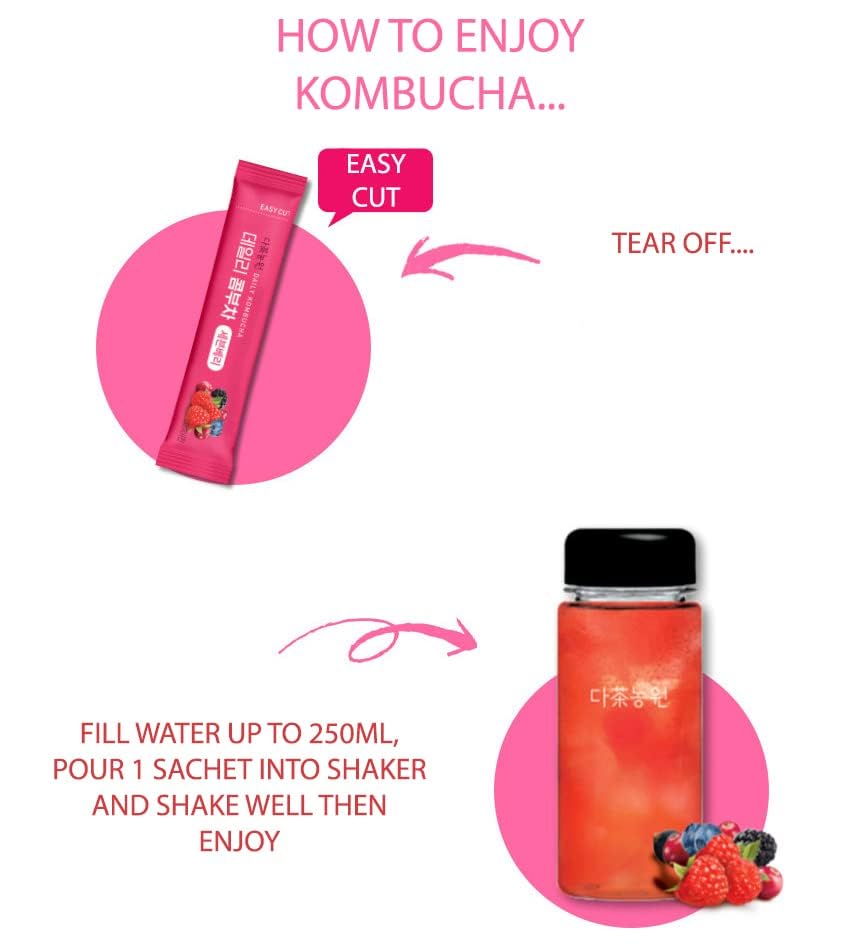 Garden Kombucha Tea, Powder 5g x 20 Sachets (100g/3.52oz) Probiotics, Prebiotics, Sugar Free, Diet Tea, Healthy Drink with Bottle (FREE BOTTLE SHAKER) (SevenBerry)