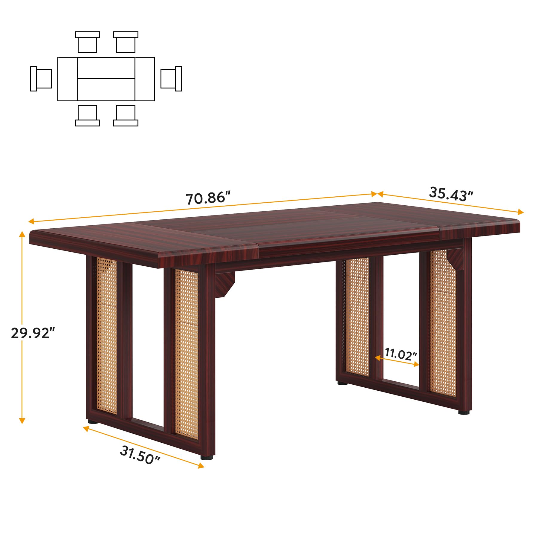 Tribesigns 70.87 Inch Dining Table for 6-8, Rectangular Kitchen Table, Rustic Dining Room Table with Rattan Frame, Large Dinner Table for Dining Room, Kitchen, Deep Walnut