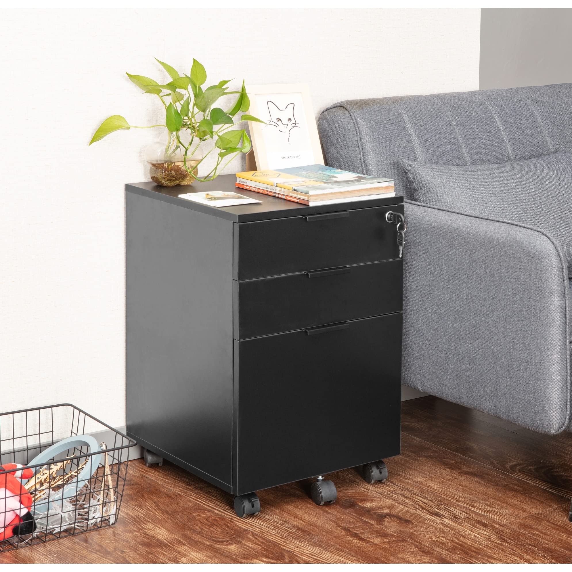 JJS 3-drawer Rolling Wood File Cabinet with Lock Brown