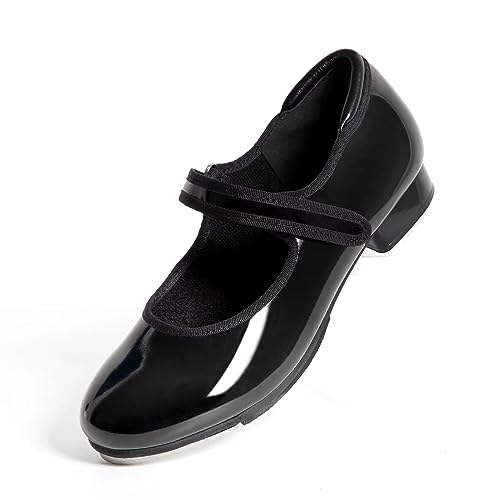 Easy Strap Tap Dance Shoes with PU Shiny Leather for Boys and Girls,US10-Little Kid Black