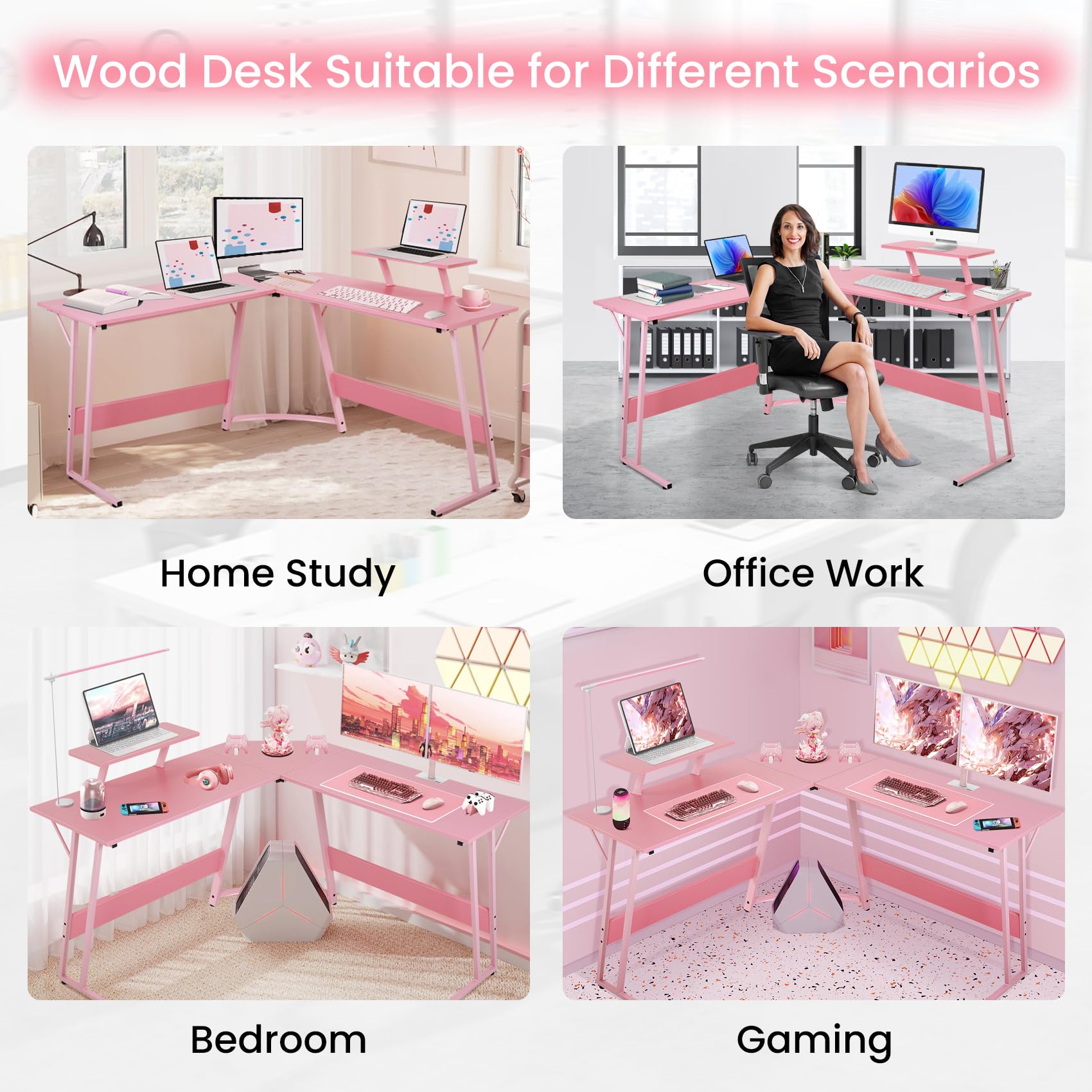 BLKMTY L Shaped Desk PC Gaming Desk Computer Desk with Monitor Stand Large Desktop Studying Executive Table Corner Desk Office Computer Table for Home Office Sturdy Writing Workstation, Pink