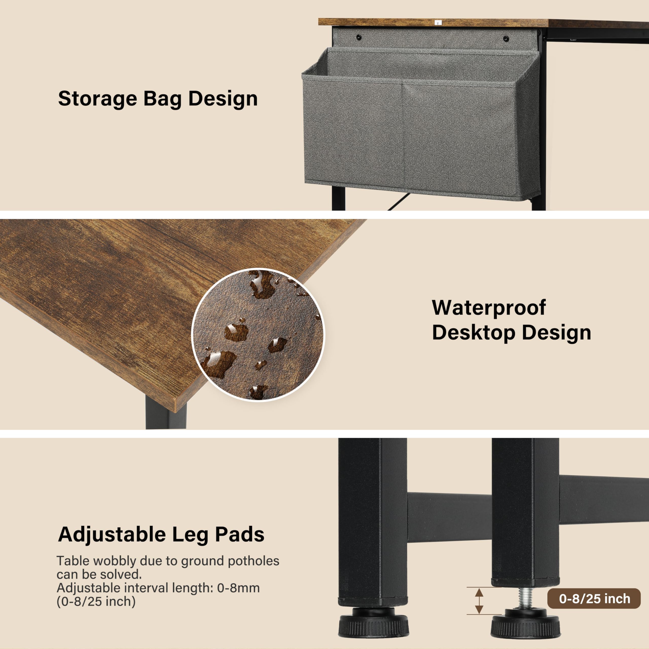 Simple Deluxe Computer Office Desk Modern Simple Style PC Table with Storage Bag, for Home Work Study and Writing, 47 Inch, Brown