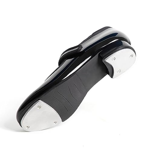 Easy Strap Tap Dance Shoes with PU Shiny Leather for Boys and Girls,US10-Little Kid Black