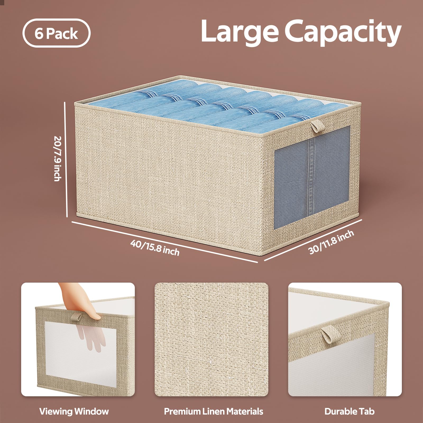 6 Pack Closet Storage Bins, Large Linen Closet Baskets for Clothes Organizer, Foldable Multifunctional Closet Organizer with Clear Window for Clothing, Jeans, Toys, Books, Shelves, Closet, Wardrobe