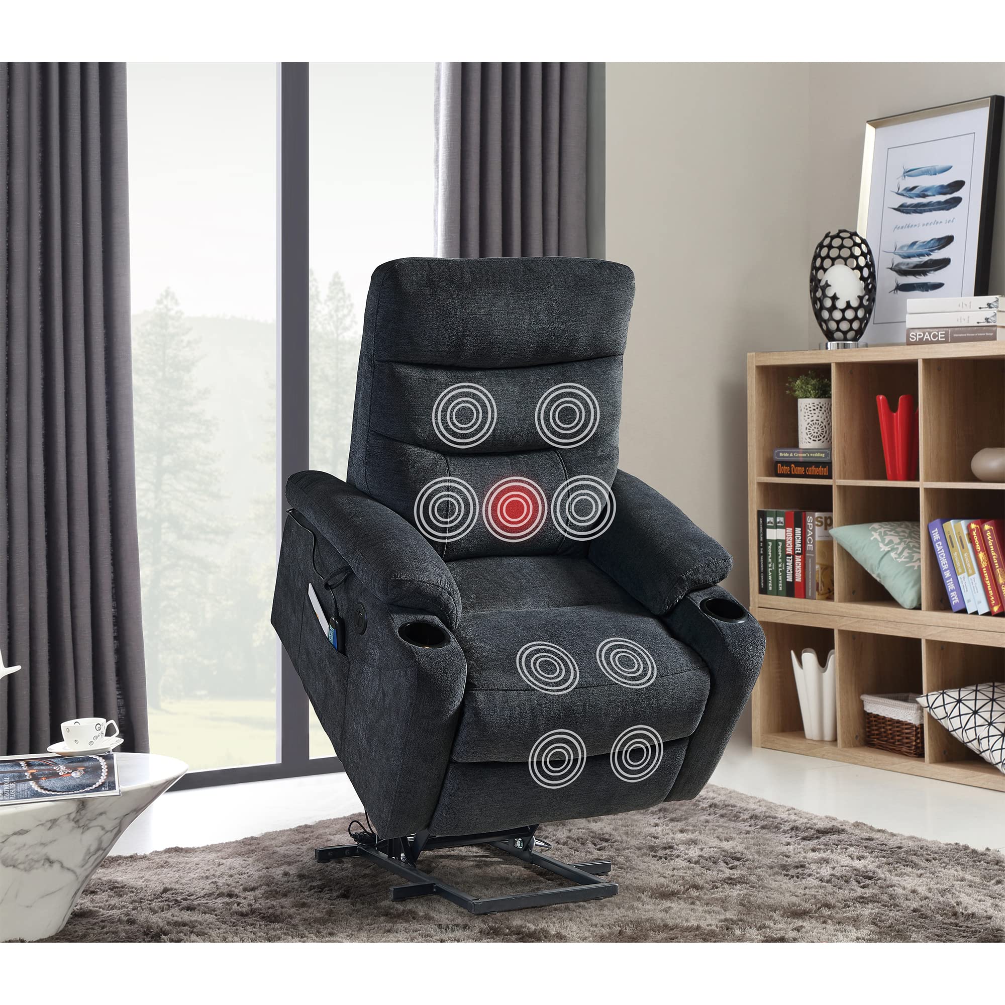 POCIYIHOME 35.5" Electric Power Lift Recliner Chair Sofa with 8 Vibrating Massage 1 Lumbar Heating Point for Elderly, 2 Side Pockets, Cup Holders, USB Ports, High-Tech Seat for Home, Dark Gray