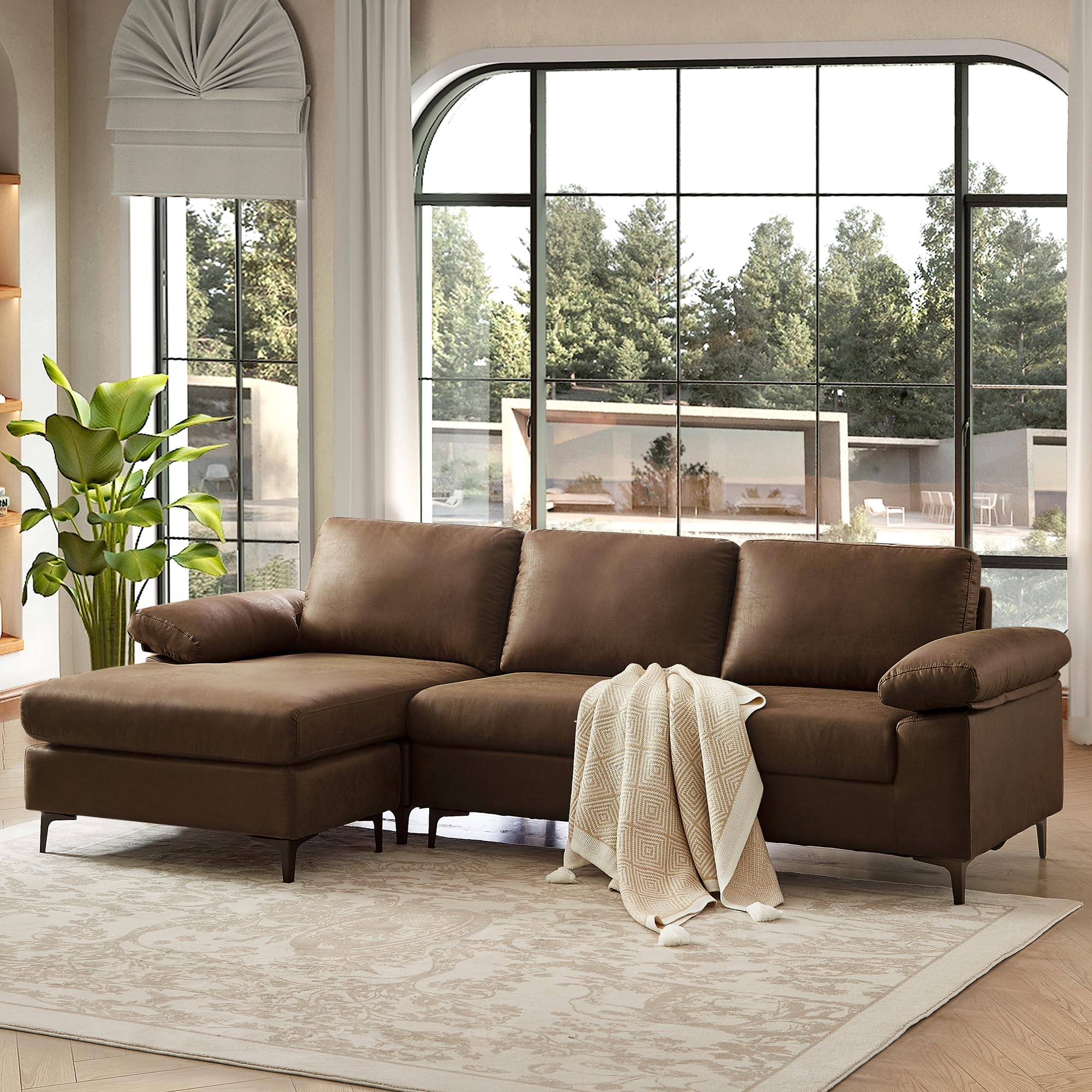 100.8" Sectional Sofa,Faux Leather Couch with Reversible Chaise,Mid-Century L Shaped Sofa Couch for Living Room, Apartment,Office (Dark Brown, Loveseat)
